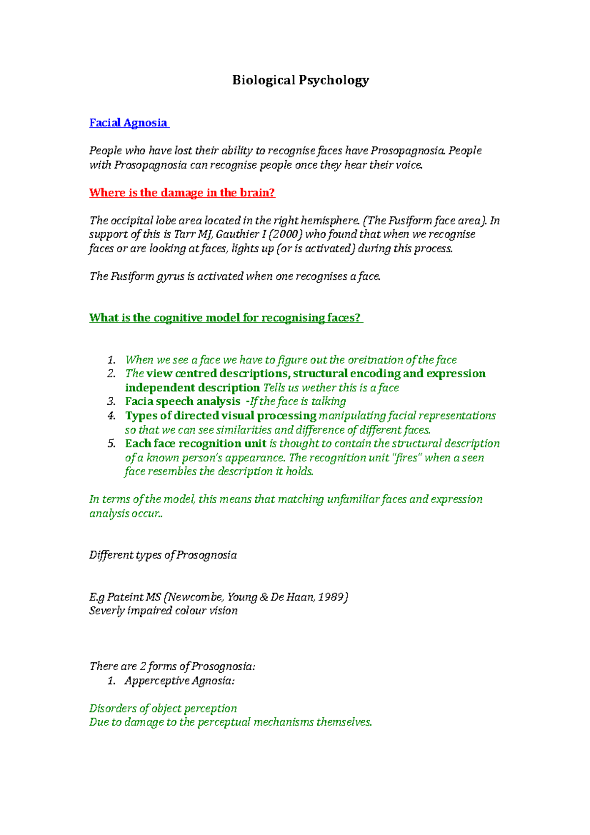 Exam 2017, questions and answers - Biological Psychology Facial Agnosia ...