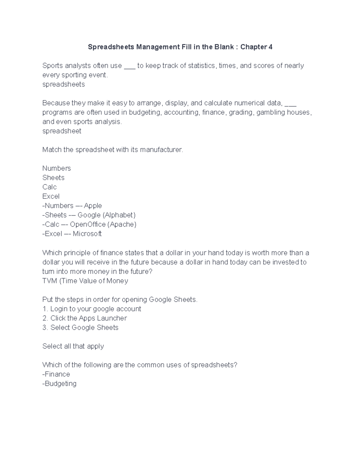 Spreadsheets Management Fill in the Blank Chapter 4 - Spreadsheets ...