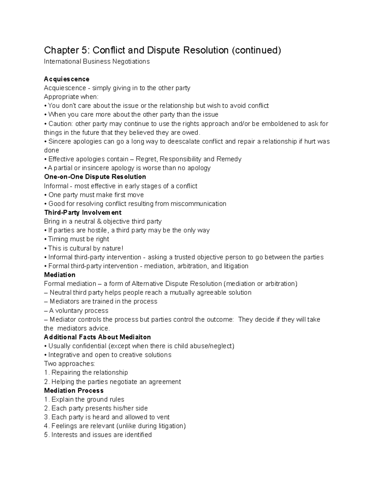 MAN 3442 Chapter 5 - Chapter 5: Conflict and Dispute Resolution (continued) International ...