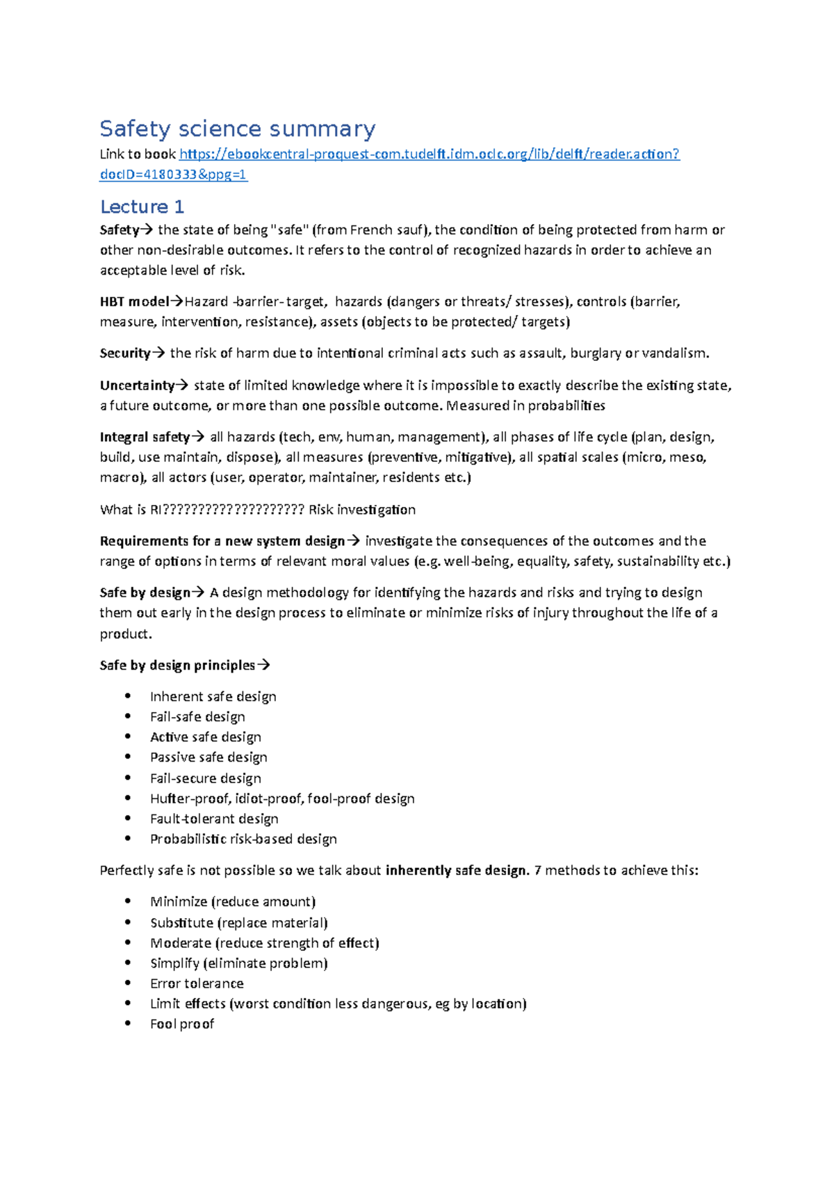 Safety science summary lecture slides - Safety science summary Link to ...