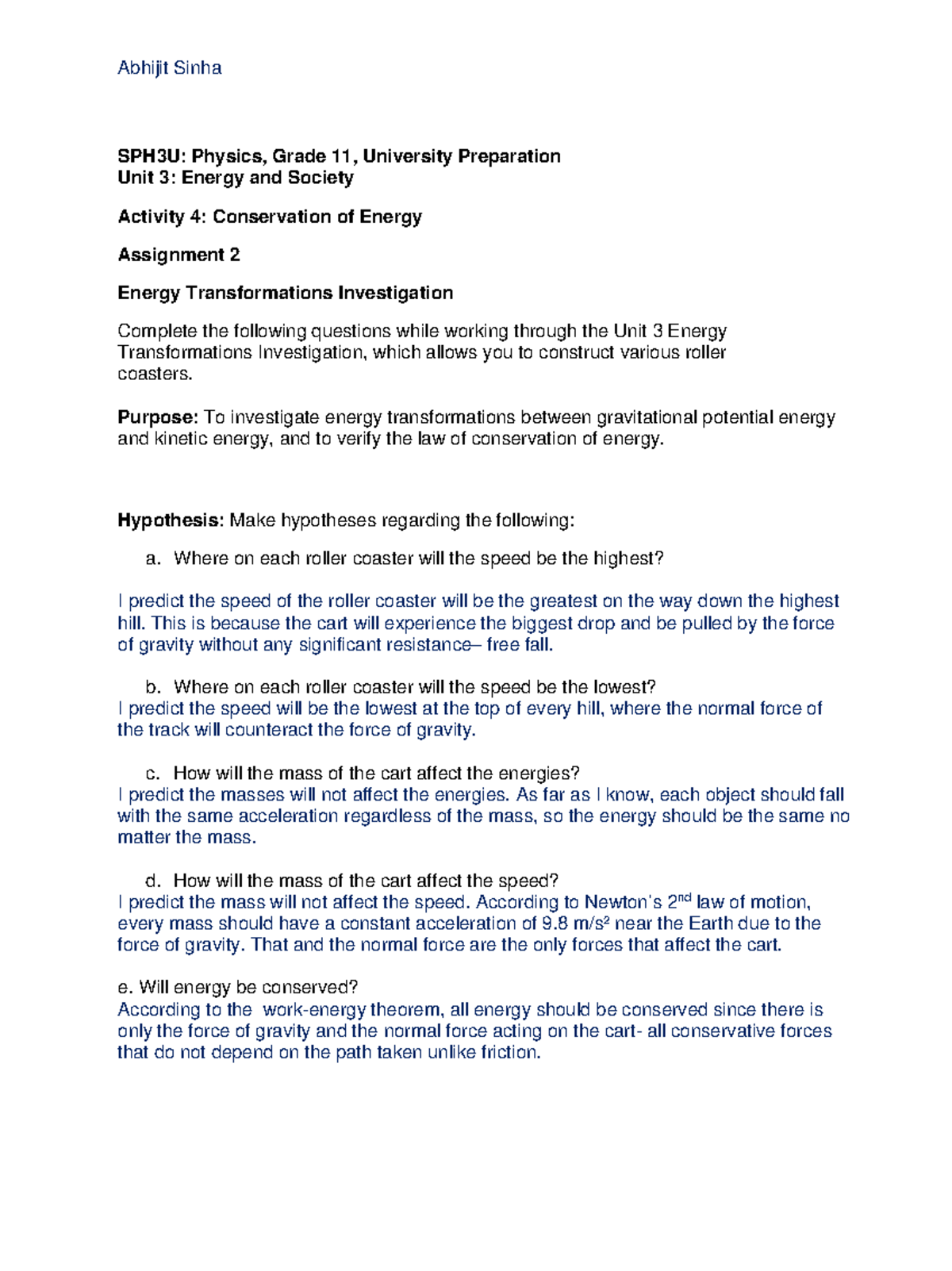 Abhijit Sinha - U3A4A2 - Answers - SPH3U: Physics, Grade 11, University ...