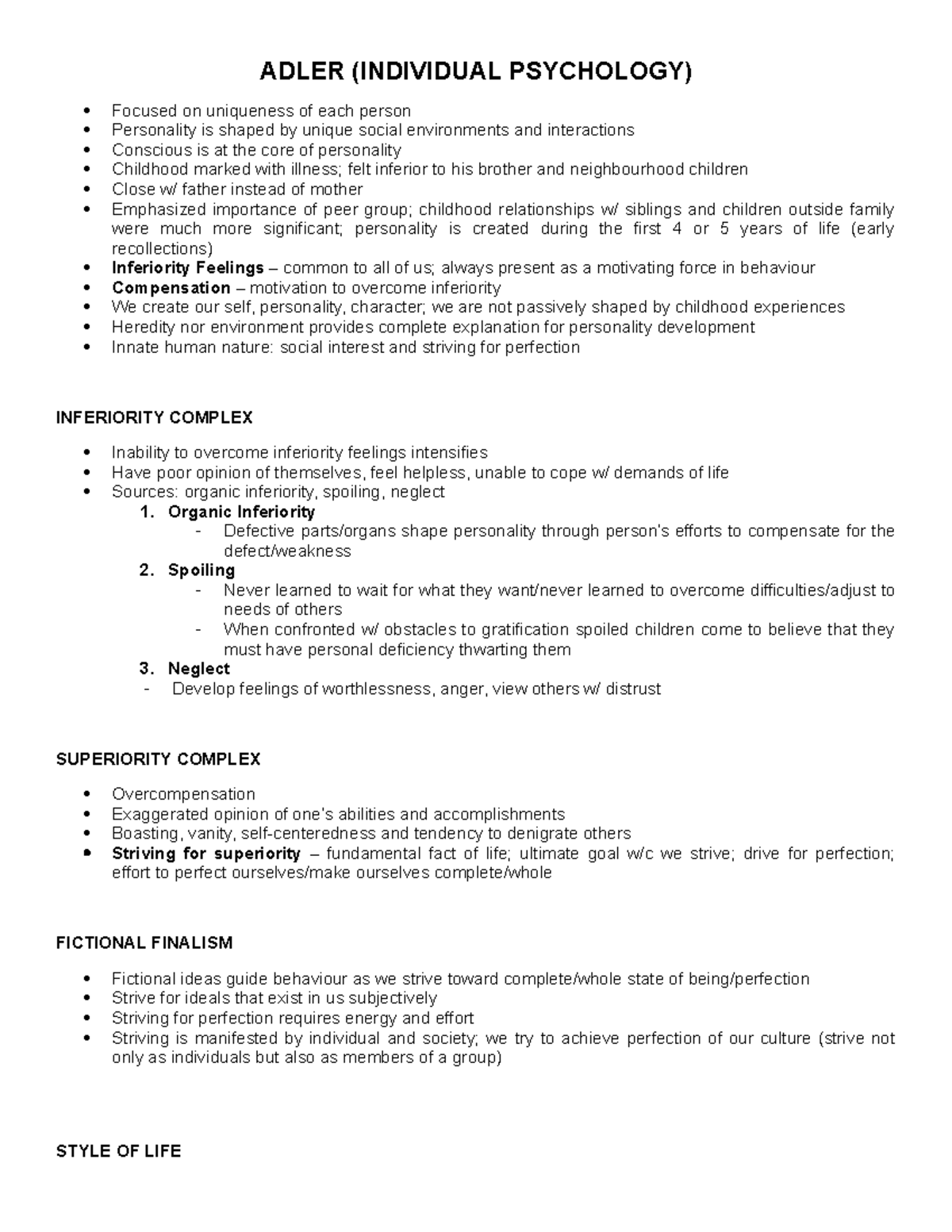Notes Adler Adlerian Therapy - ADLER (INDIVIDUAL PSYCHOLOGY) Focused on ...