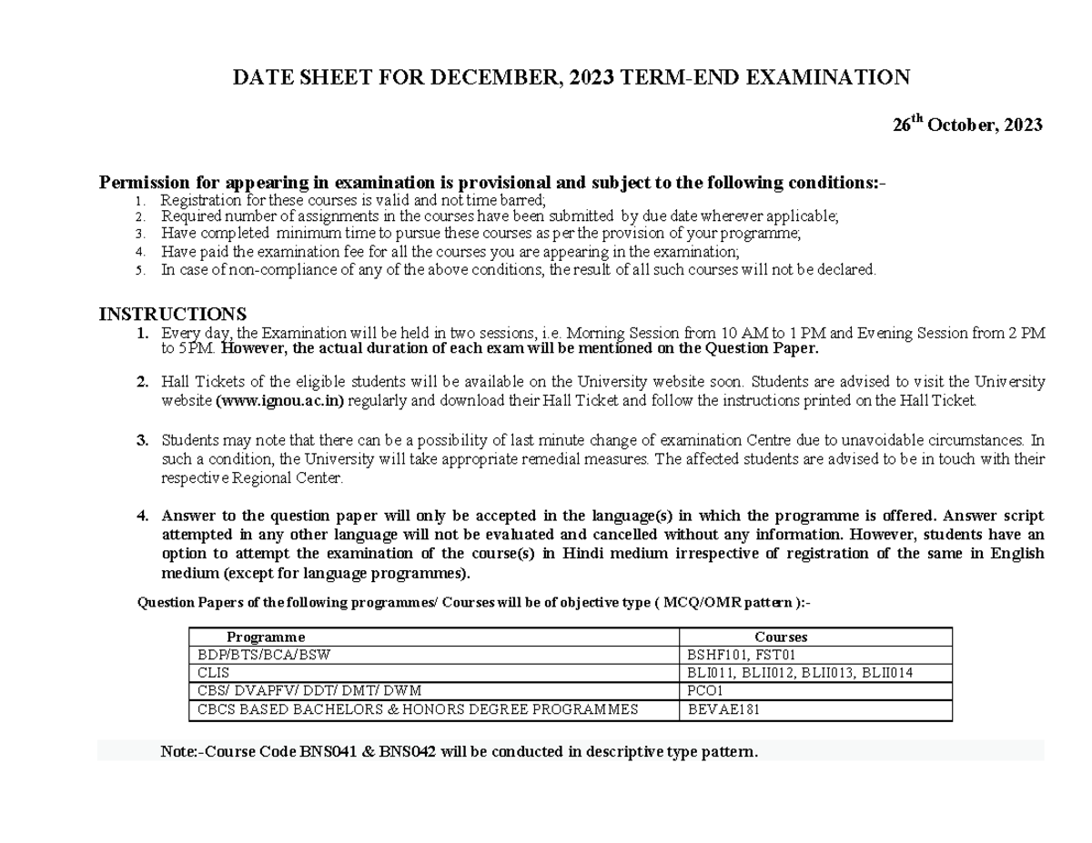 Ignou- Final- Datesheet - DATE SHEET FOR DECEMBER, 2023 TERM-END ...