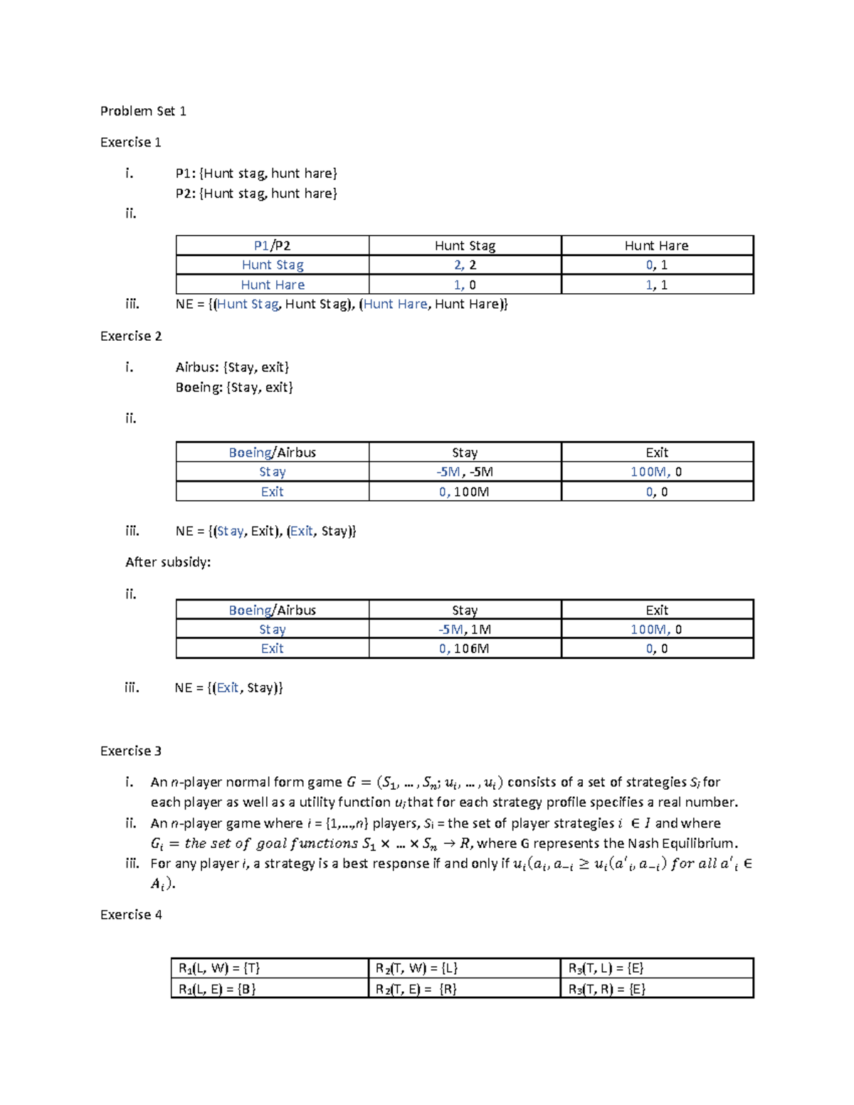 Problem Set 1 - P1: {Hunt stag, hunt hare} P2: {Hunt stag, hunt hare ...