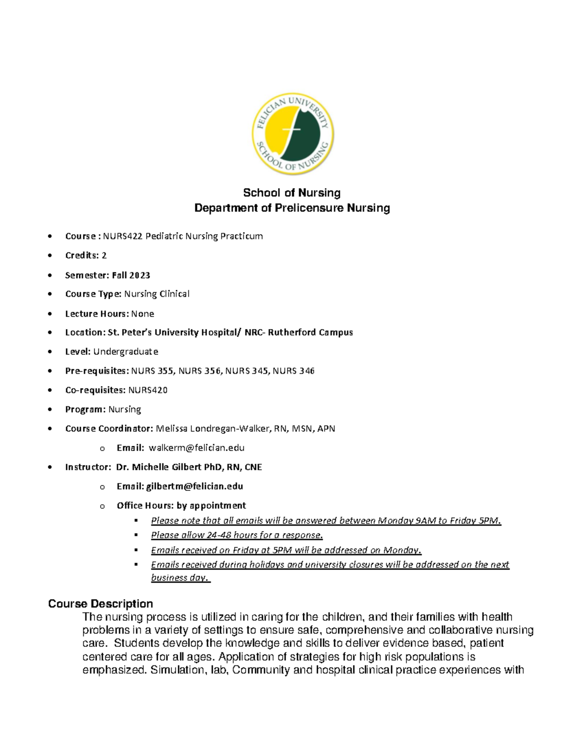 NURS 422 Practicum Syllabus Fall 2023 final - School of Nursing ...