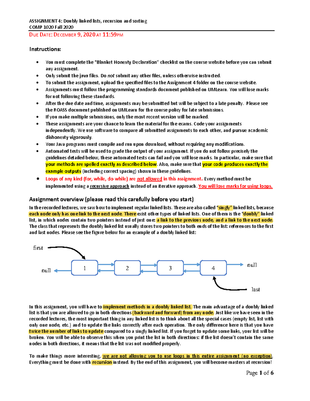 COMP1020 Assignment - ASSIGNMENT 4: Doubly linked lists, recursion and sorting COMP 1020 Fall ...