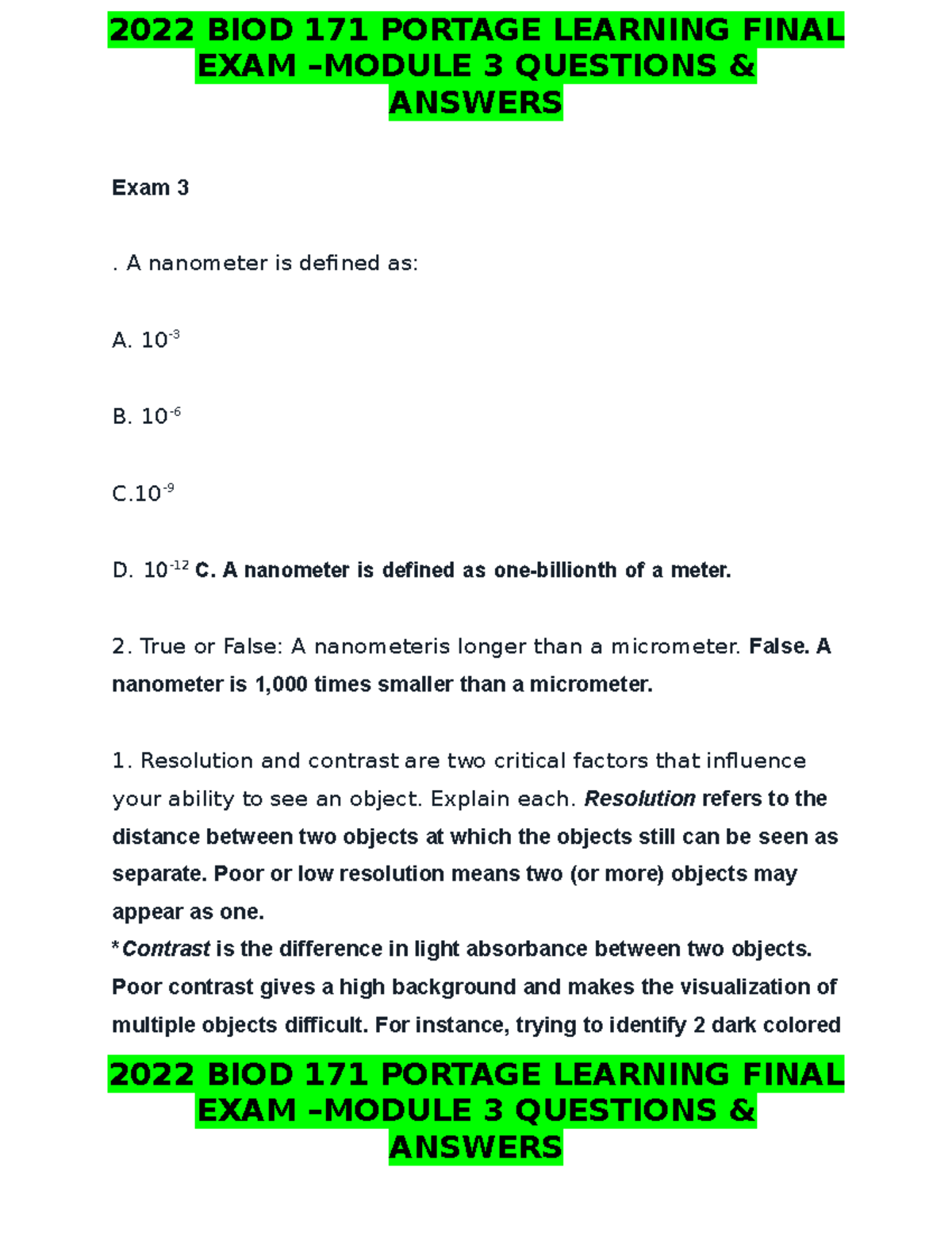 Bio 171 Module 3 exam - EXAM –MODULE 3 QUESTIONS & ANSWERS Exam 3 . A ...