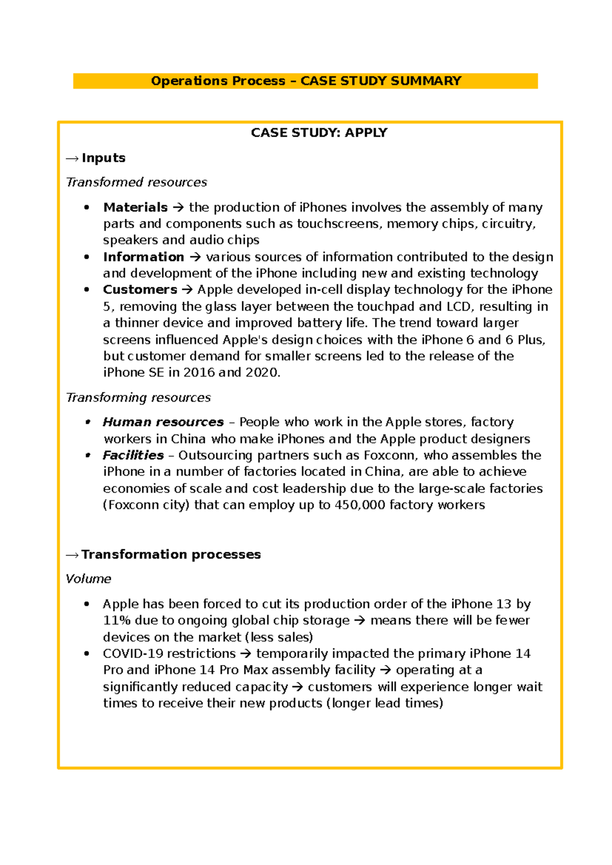 Operations Process - CASE Study Summary - Operations Process – CASE STUDY SUMMARY CASE STUDY ...