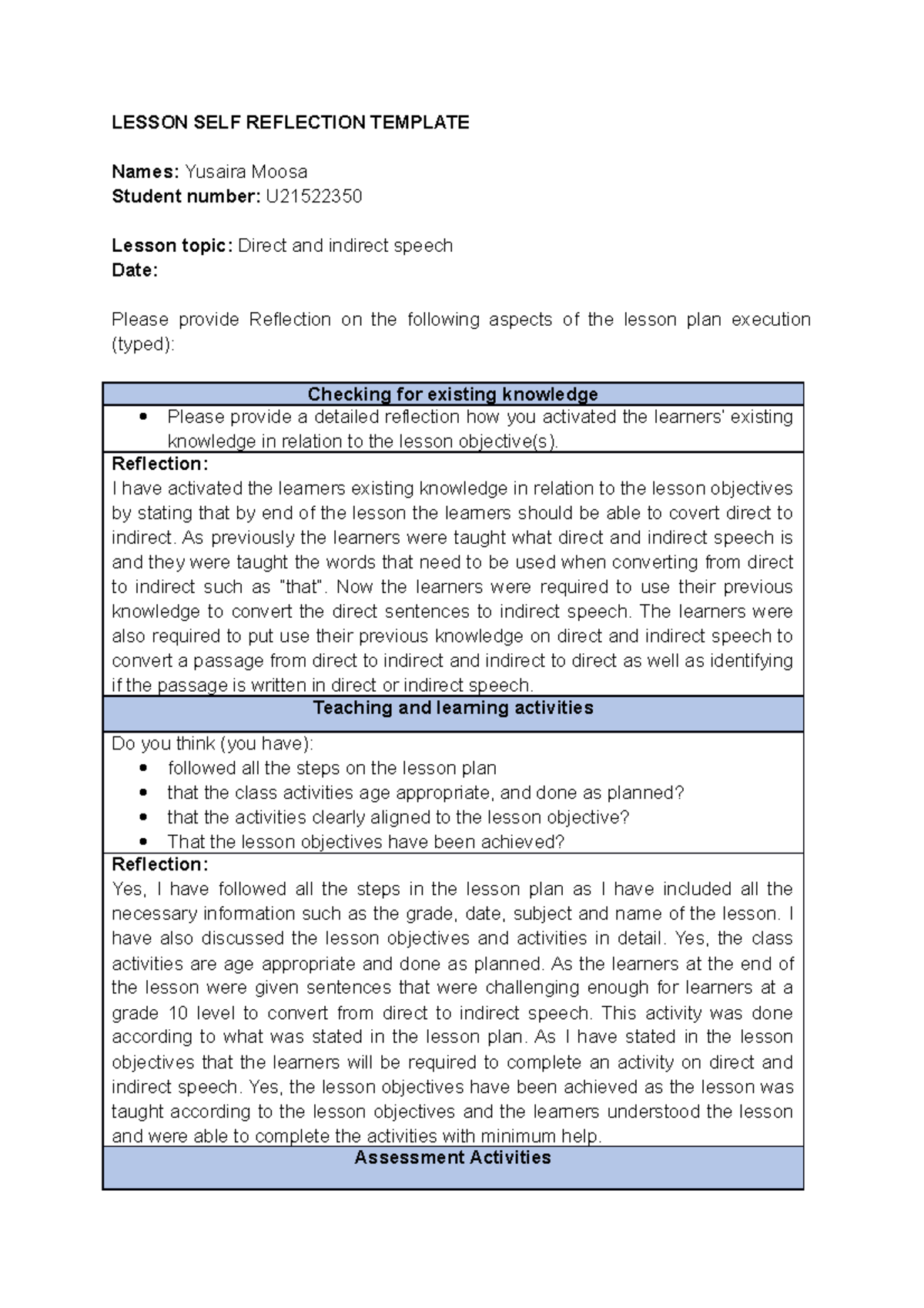Self reflection on taught lesson - LESSON SELF REFLECTION TEMPLATE ...