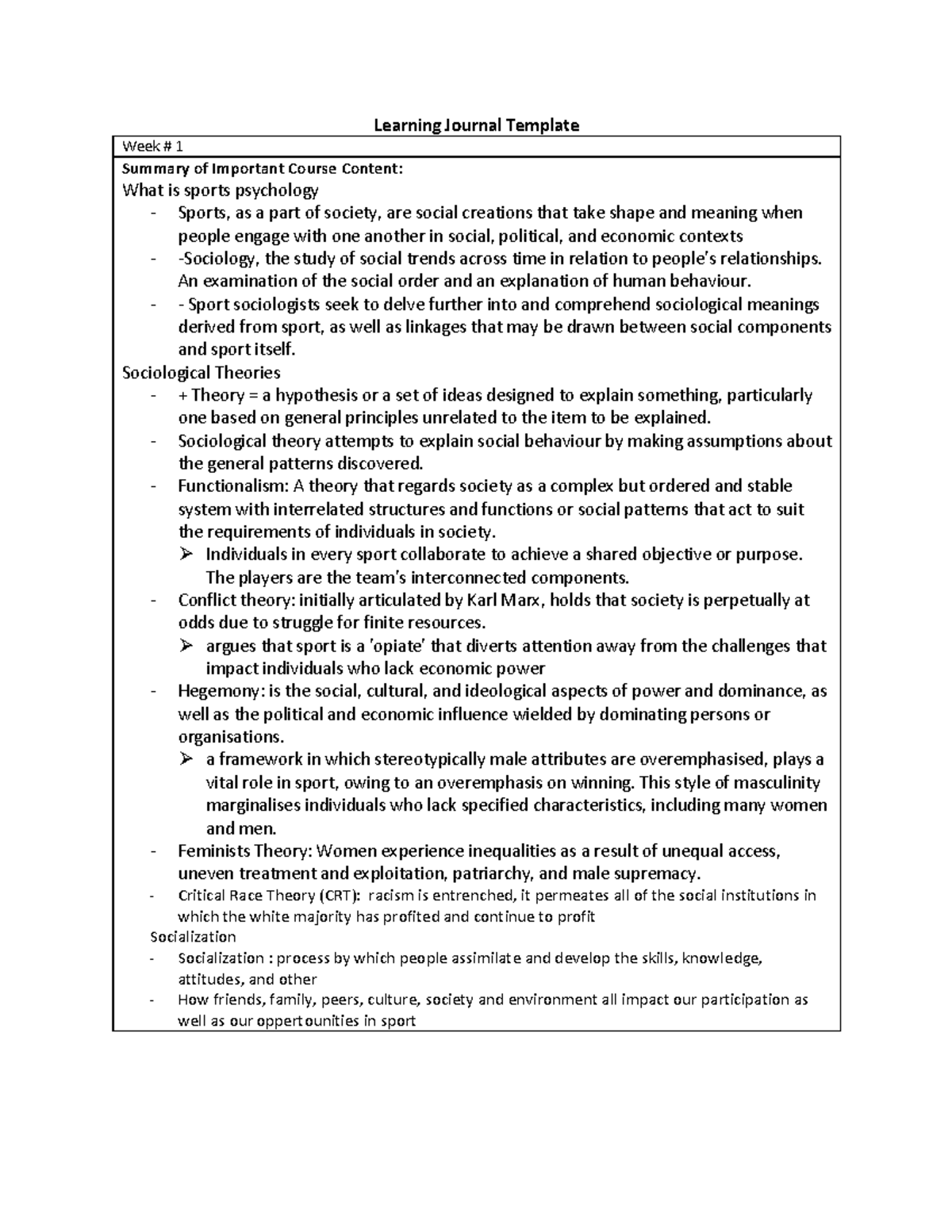 Learning Journal Template - An examination of the social order and an ...