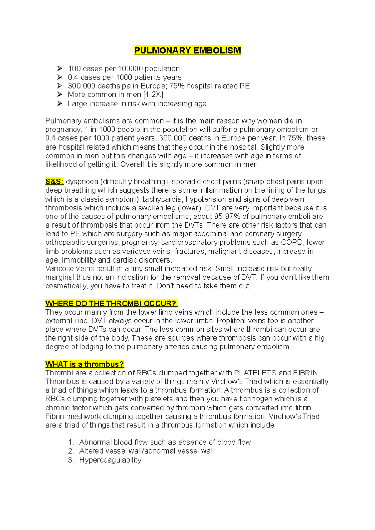 Pulmonary Embolism Notes - PULMONARY EMBOLISM 100 cases per 100000 ...