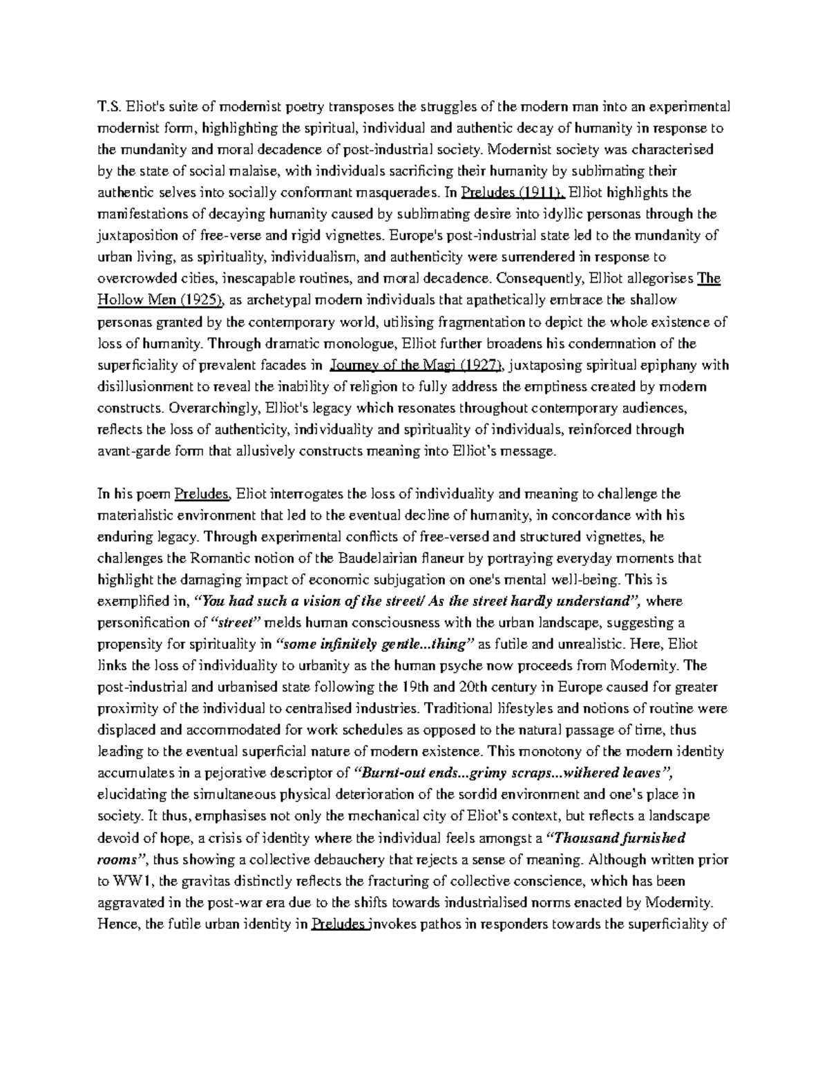 Mod b hsc - Mod B english adv - T. Eliot's suite of modernist poetry ...