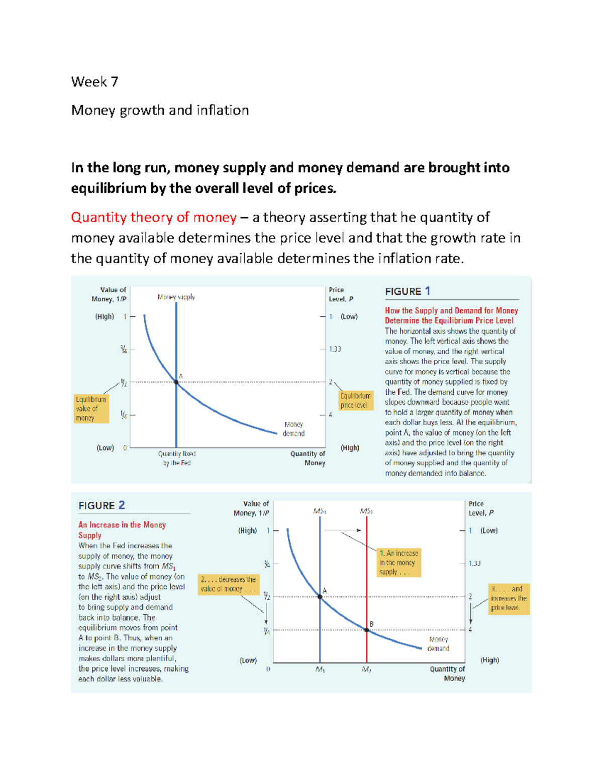 Week 7 - week 7 notes - Week 7 Money growth and inflation In the long ...