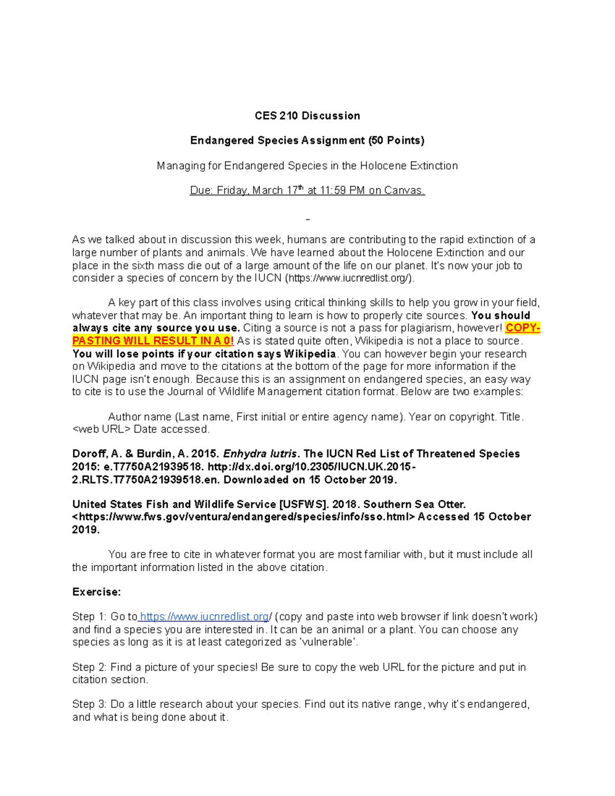 Endangered species assignment - CES 210 Discussion Endangered Species ...