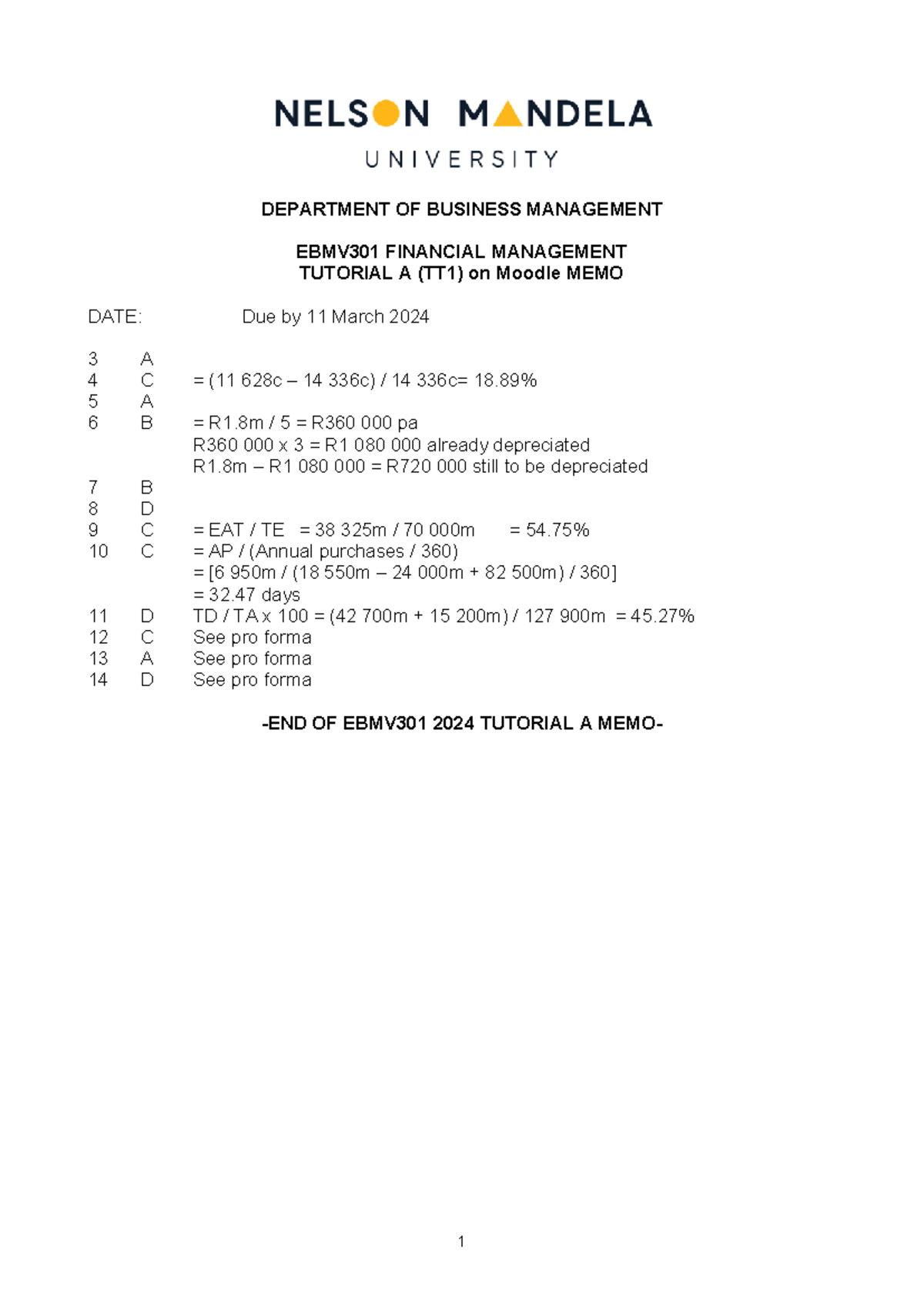 2024 EBMV301 Tutorial A memo - 1 DEPARTMENT OF BUSINESS MANAGEMENT ...