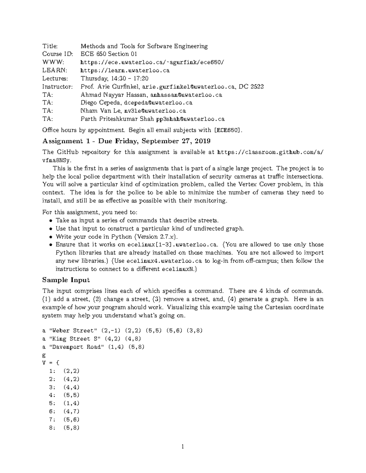 Ece650.a1 - question - Assignment 1 - Title: Methods and Tools for Software Engineering Course ...