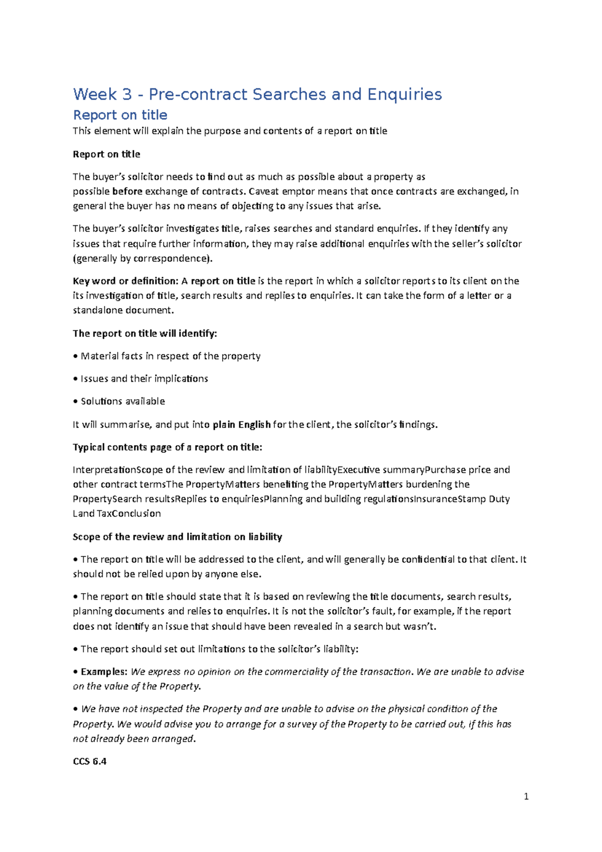 Week 3 - Pre-contract Searches and Enquiries - Week 3 - Pre-contract ...