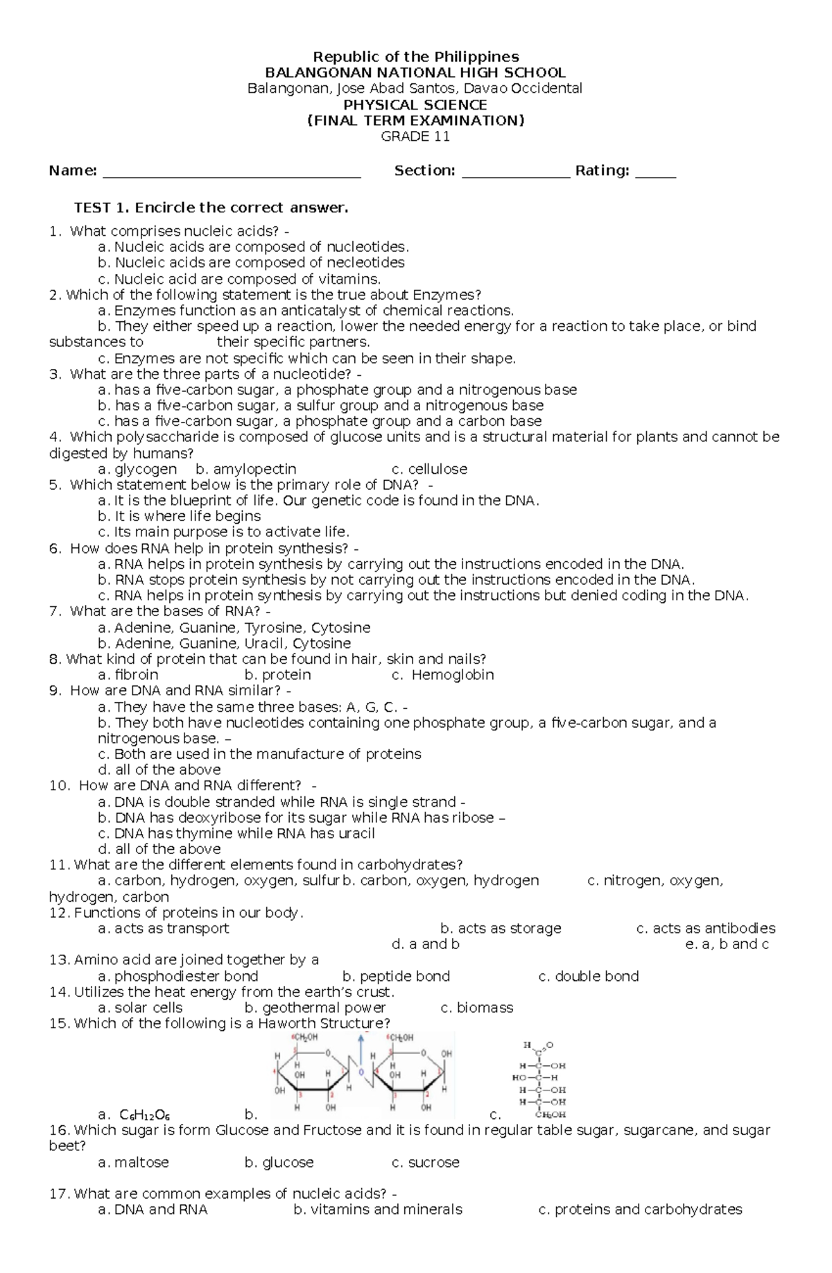 PS ft exam 2020 - exam paper - Republic of the Philippines BALANGONAN ...