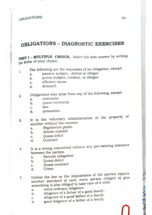 Obligations (2) - Diagnostic Exercises - Law on Obligations and Contracts - Studocu
