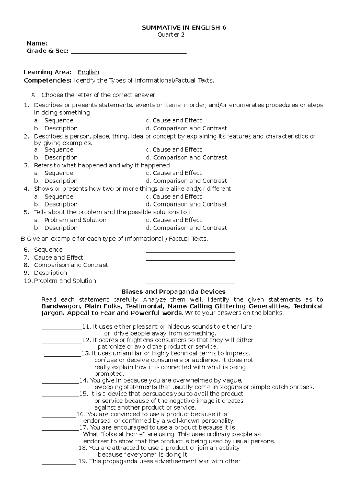 English 6 Quarter 2 Written Works - SUMMATIVE IN ENGLISH 6 Quarter 2 Name: Grade & Sec: Learning ...