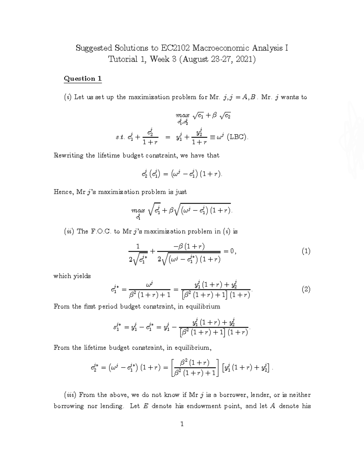 Tutorial 1solutions - Suggested Solutions to EC2102 Macroeconomic ...