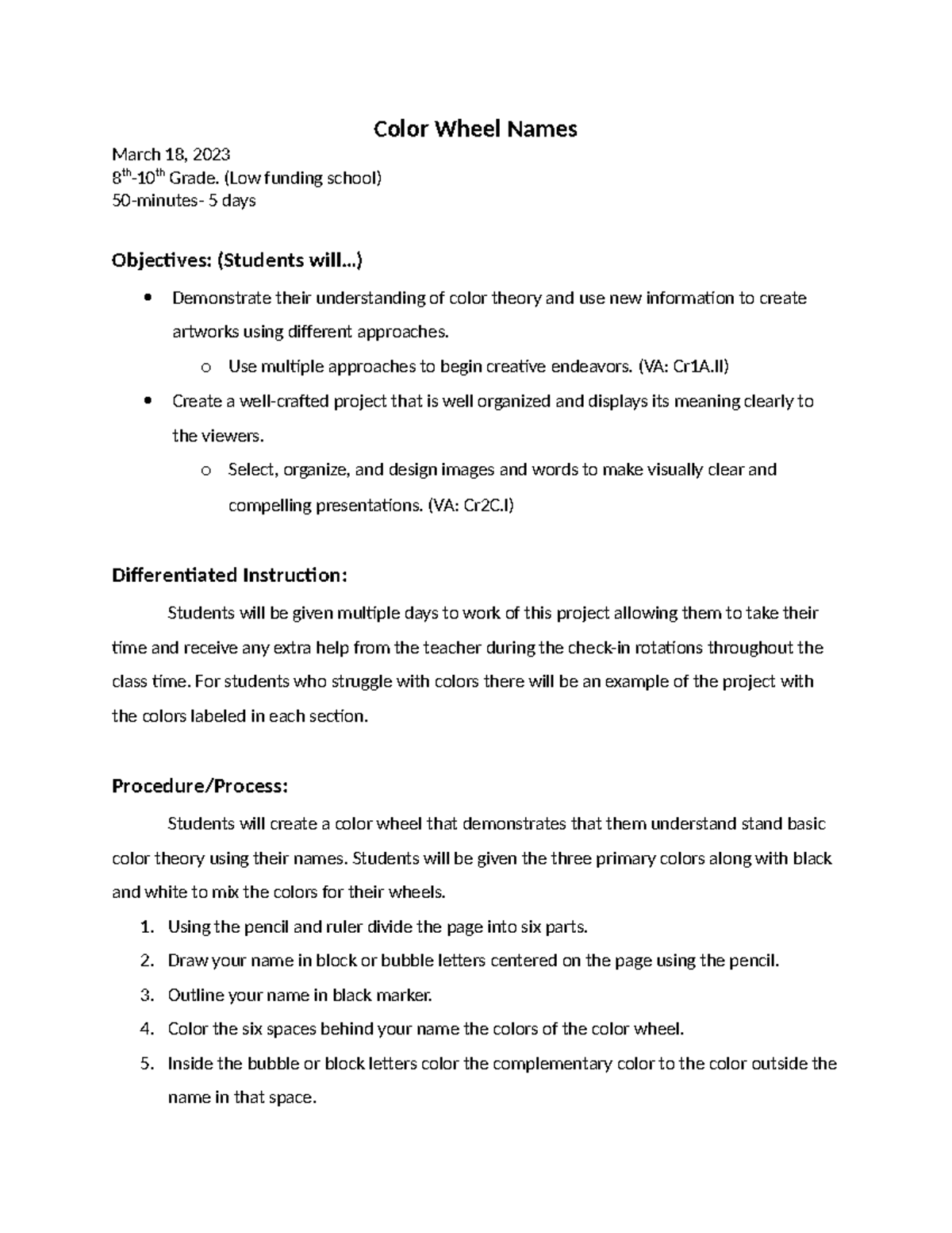 Hoffmann Lesson Plan Color Wheel Names - Color Wheel Names March 18 ...