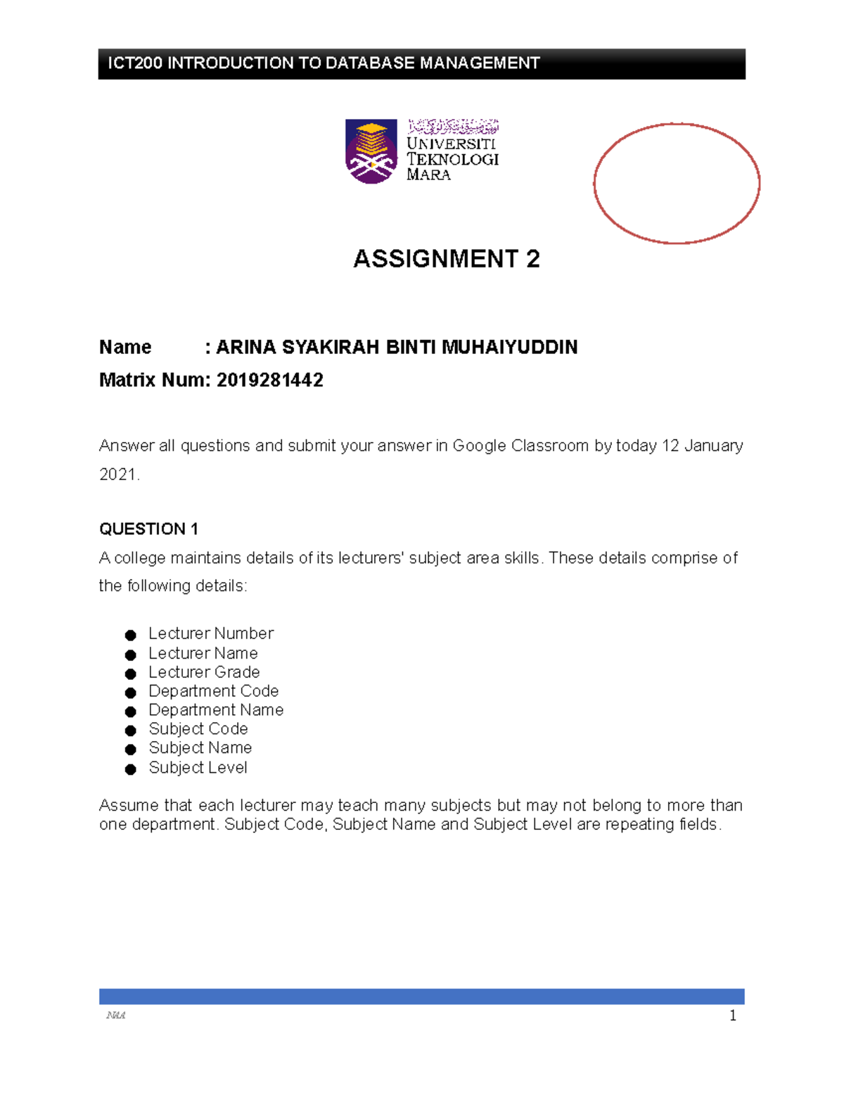 Assignment 2 - ict200 - ASSIGNMENT 2 Name : ARINA SYAKIRAH BINTI ...