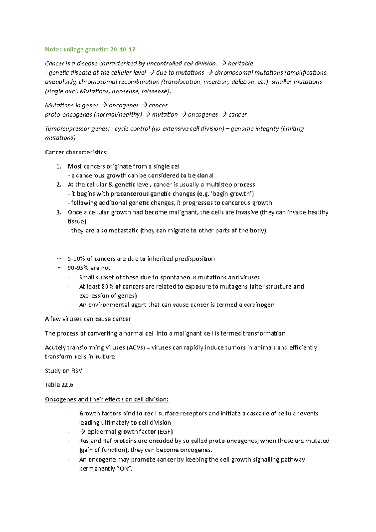 Notes college genetics 20-10-17 - Notes college genetics 20-10- Cancer ...