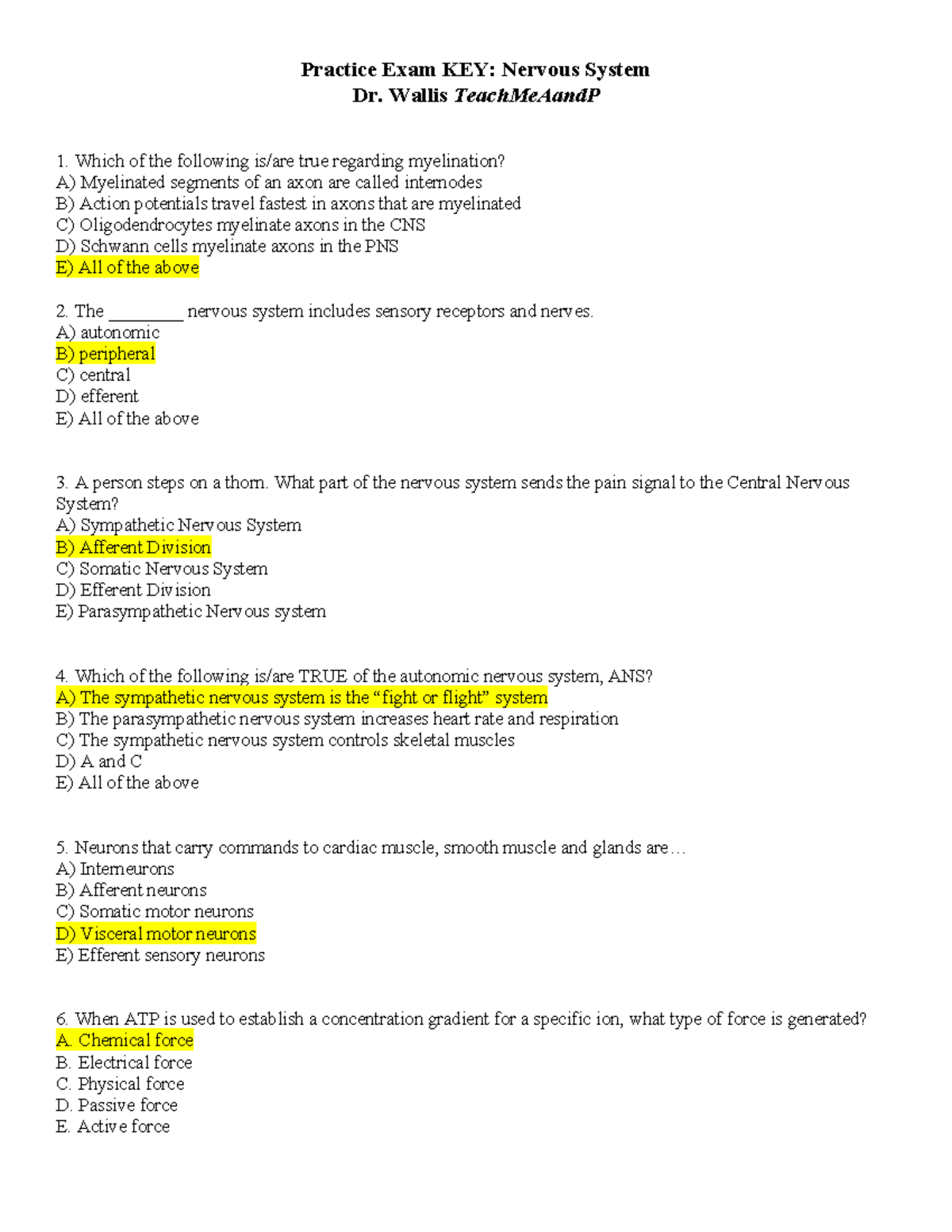 Practice Exam KEY Neural Tissue - Practice Exam KEY: Nervous System Dr ...