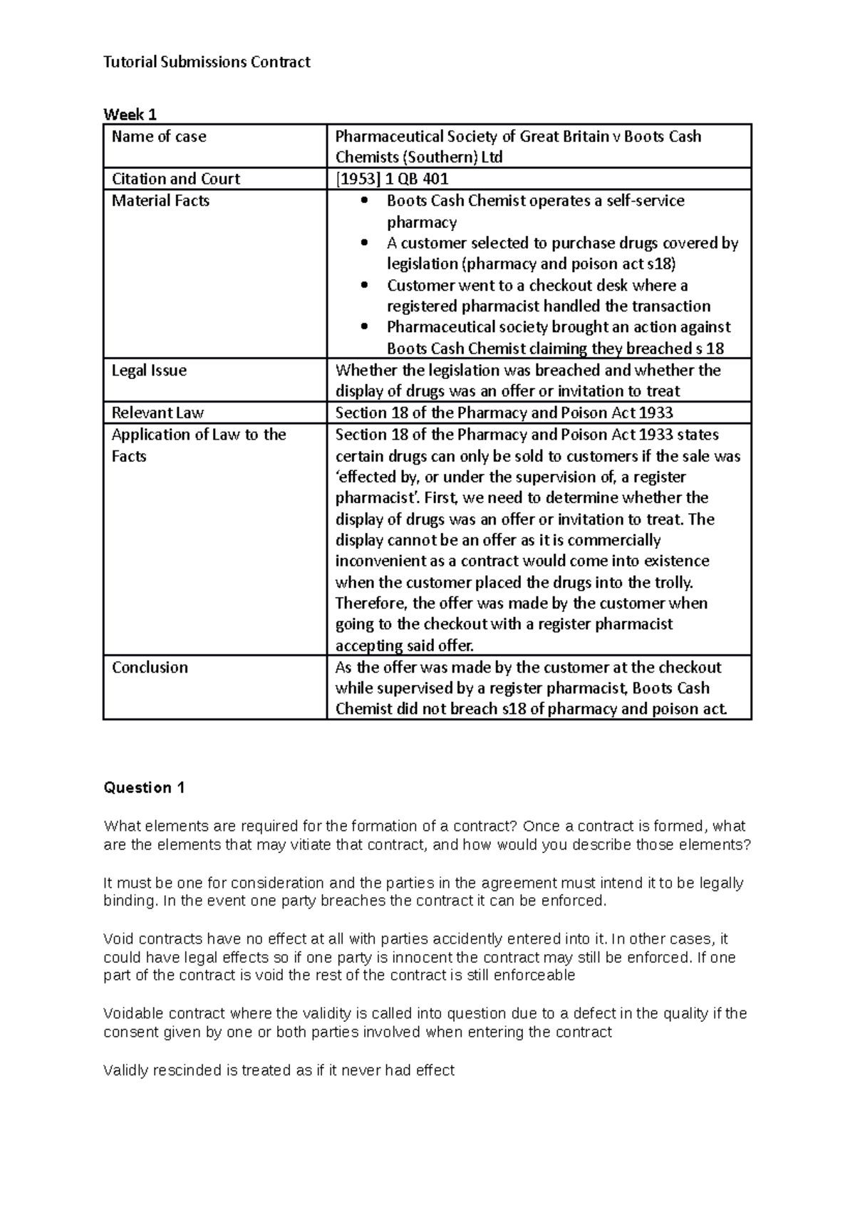 Tutorial Contracts - Week 1 Name of case Pharmaceutical Society of Great Britain v Boots Cash ...