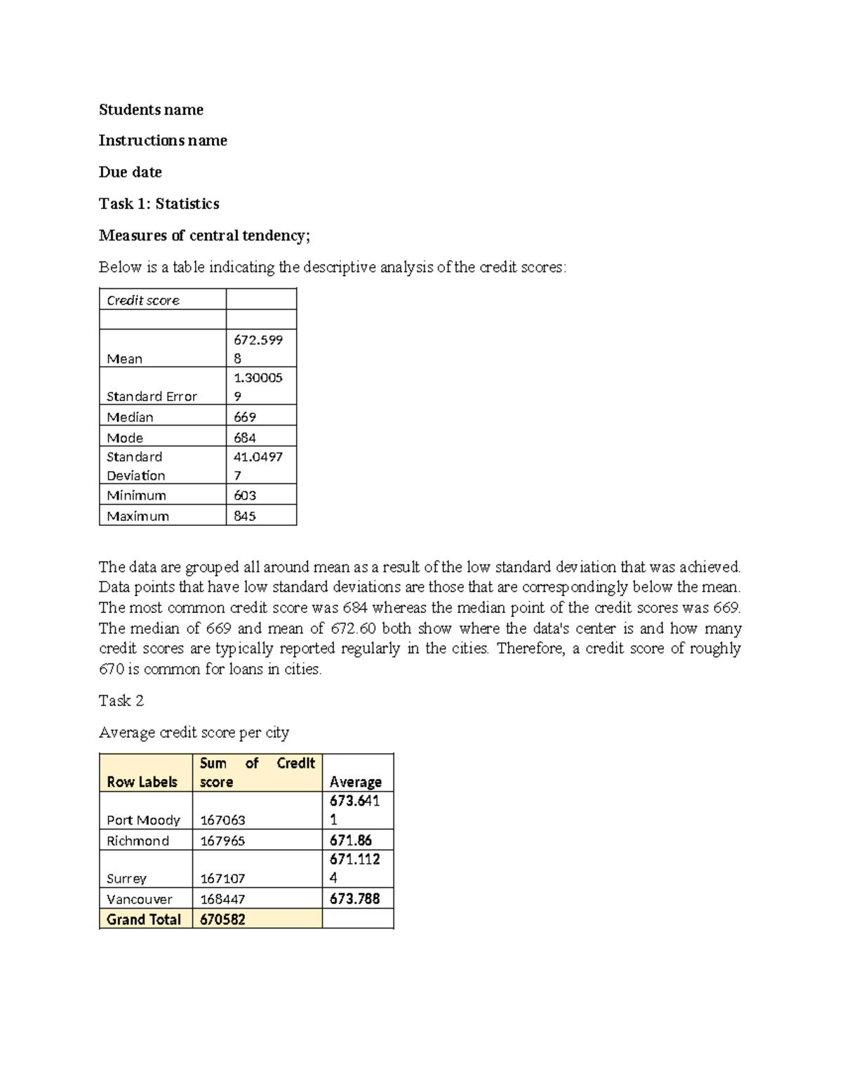 4 5956540635010829401 - Students name Instructions name Due date Task 1: Statistics Measures of ...