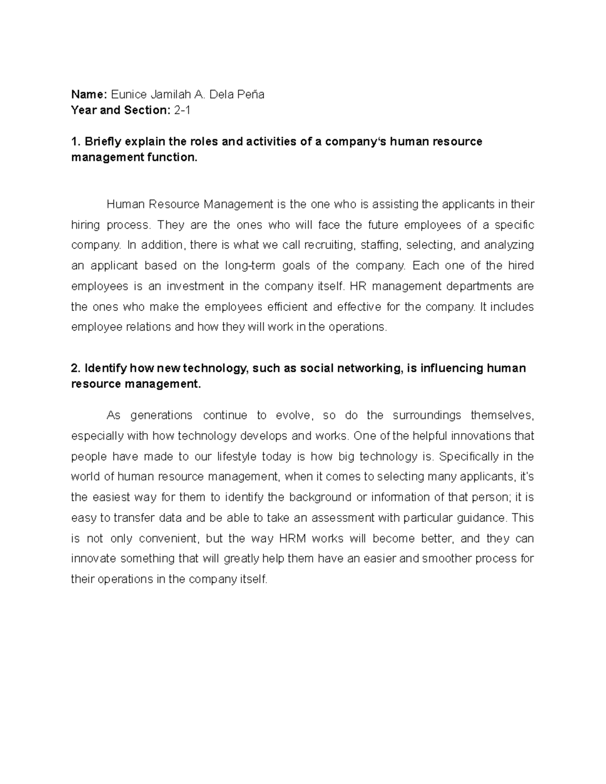 Activity 1 - Name: Eunice Jamilah A. Dela Peña Year and Section: 2 ...