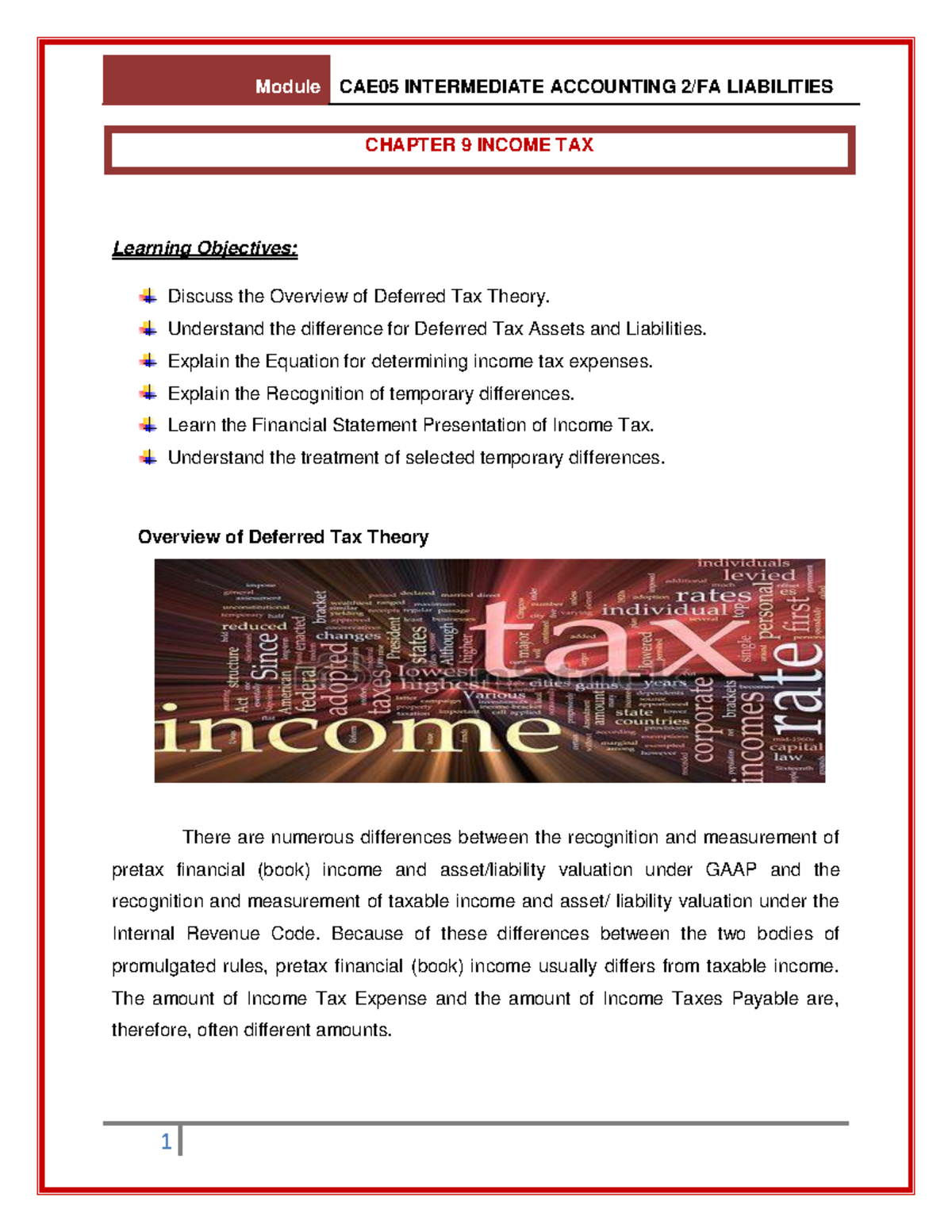 CAE05- Chapter 9 Income TAX - CHAPTER 9 INCOME TAX Learning Objectives ...