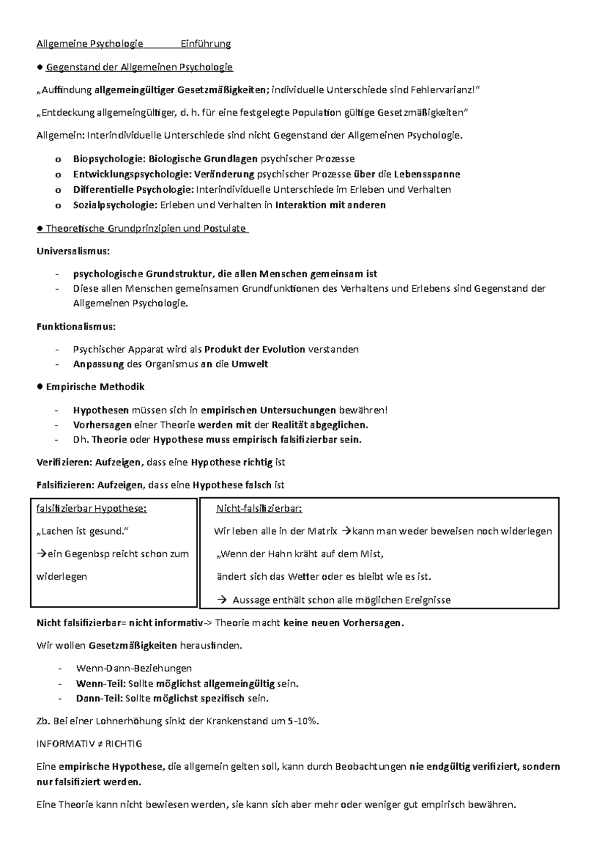 Allgemeine Psychologie Zusammenfassung - Allgemeine Psychologie Einführung Gegenstand der - Studocu