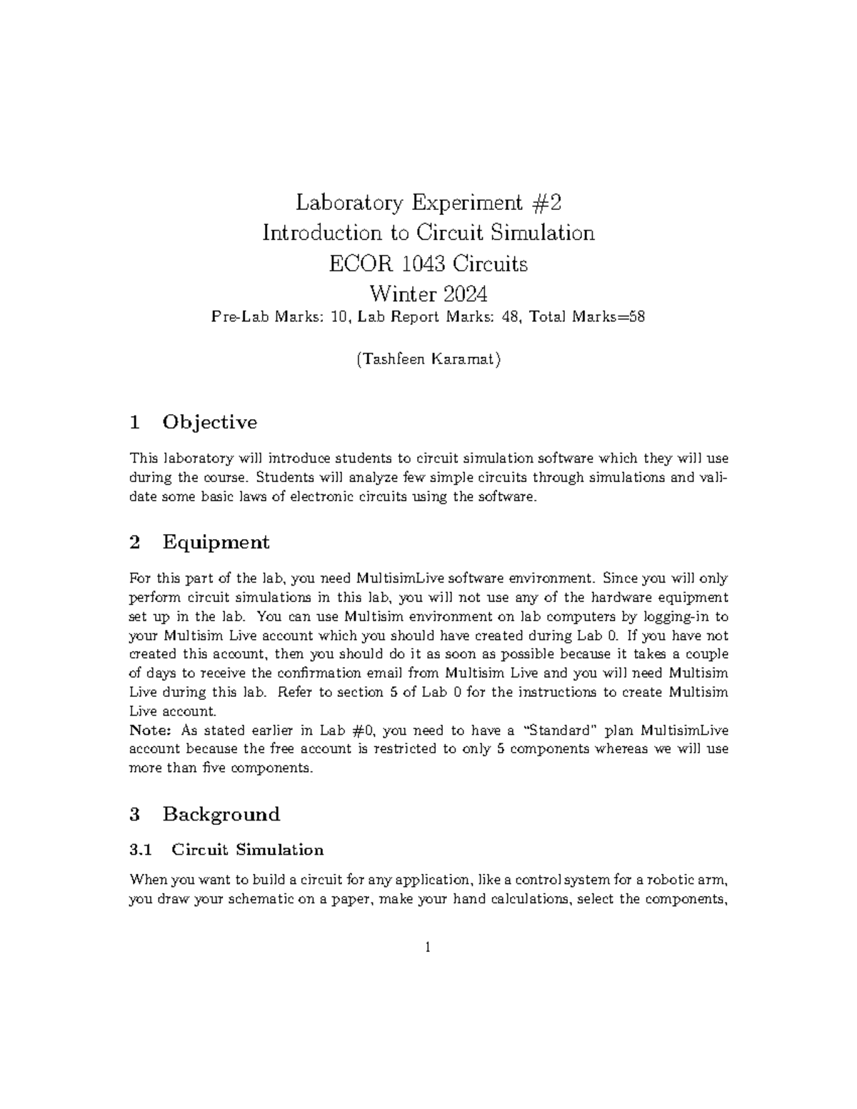 Circuits lab 2 manual - Laboratory Experiment Introduction to Circuit Simulation ECOR 1043 ...