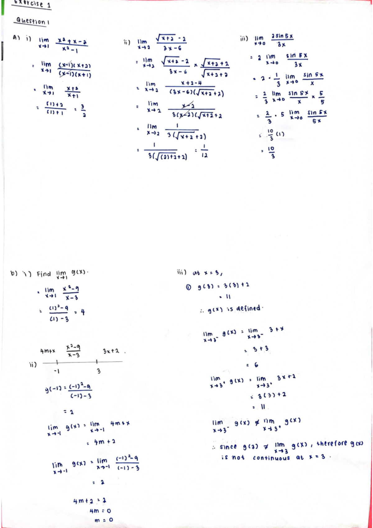 Calculus Exercise 1 - exercise 1 Question I a) i) lim x2+x-2 x+2-2 iii ...