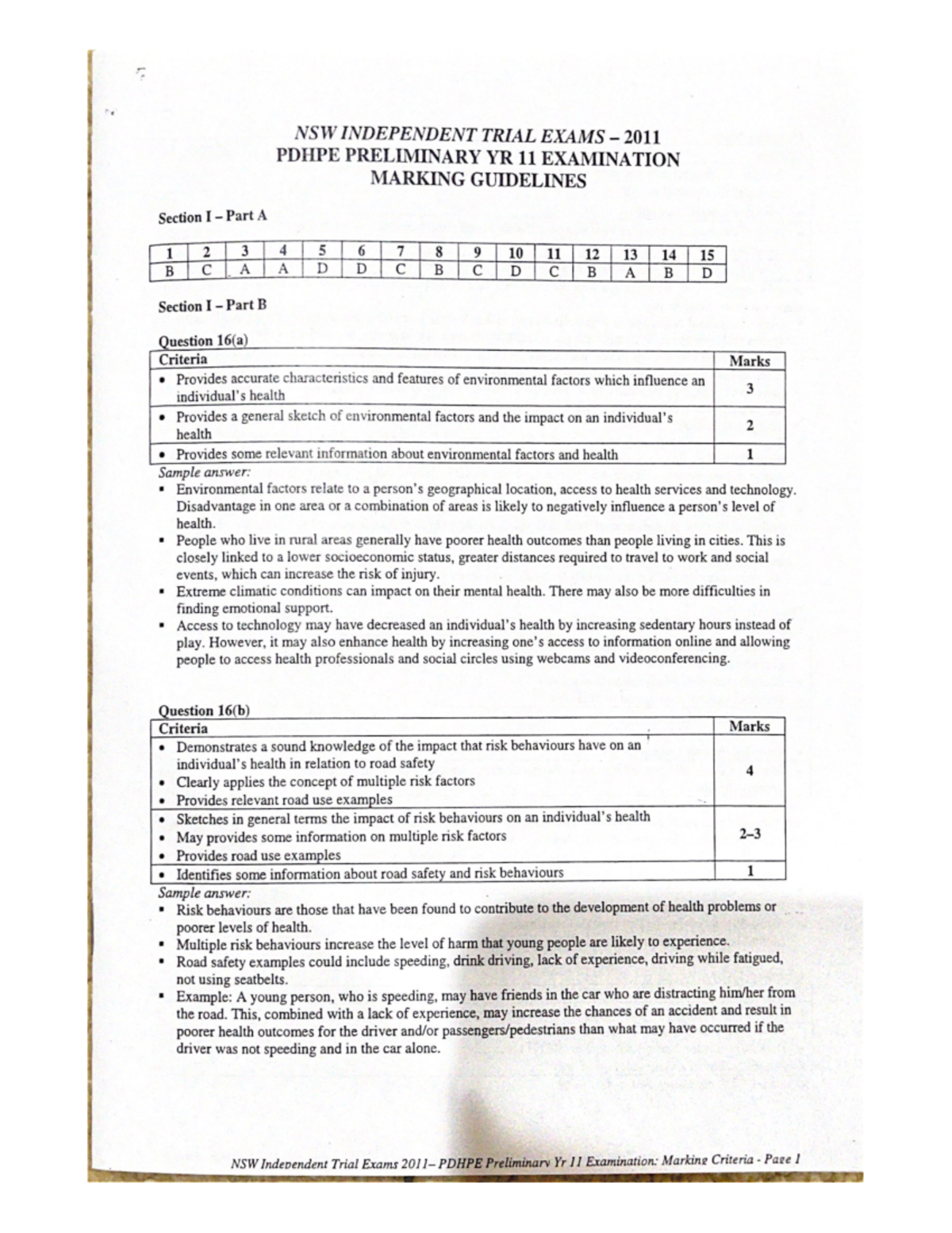 2011 Past paper answers Pdhpe - NSW INDEPENDENT TRIAL PDHPE PRELIMINARY ...