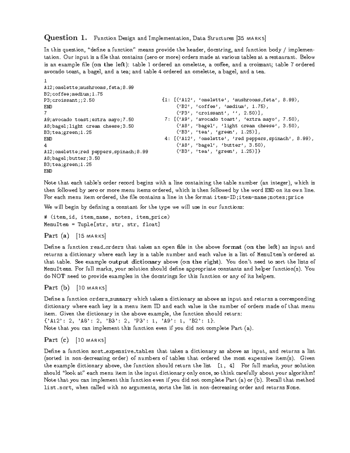 Exam part1 - Courseinfosheet - Question 1. Function Design and Implementation, Data Structures ...