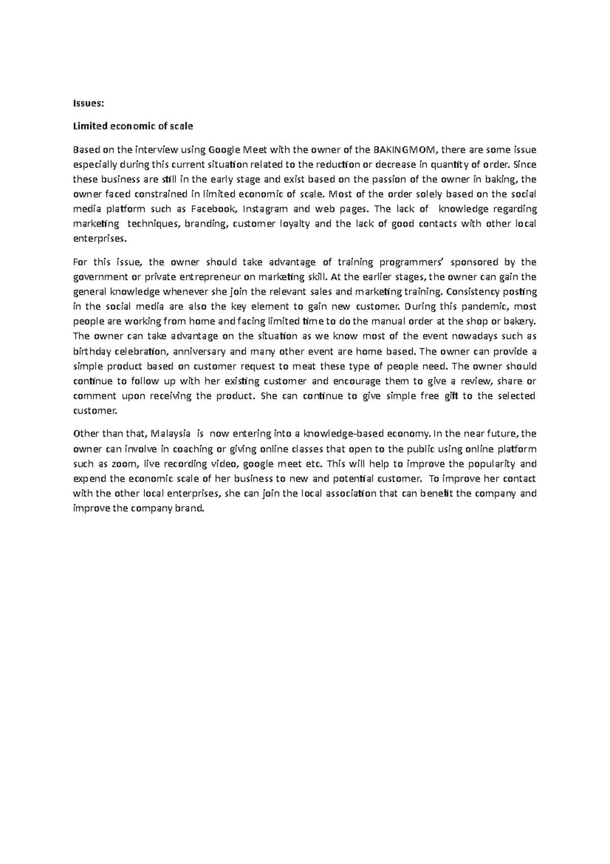 MAF671 PROJECT ASSIGNMENT & TUTORIAL SESSION - Issues: Limited economic ...