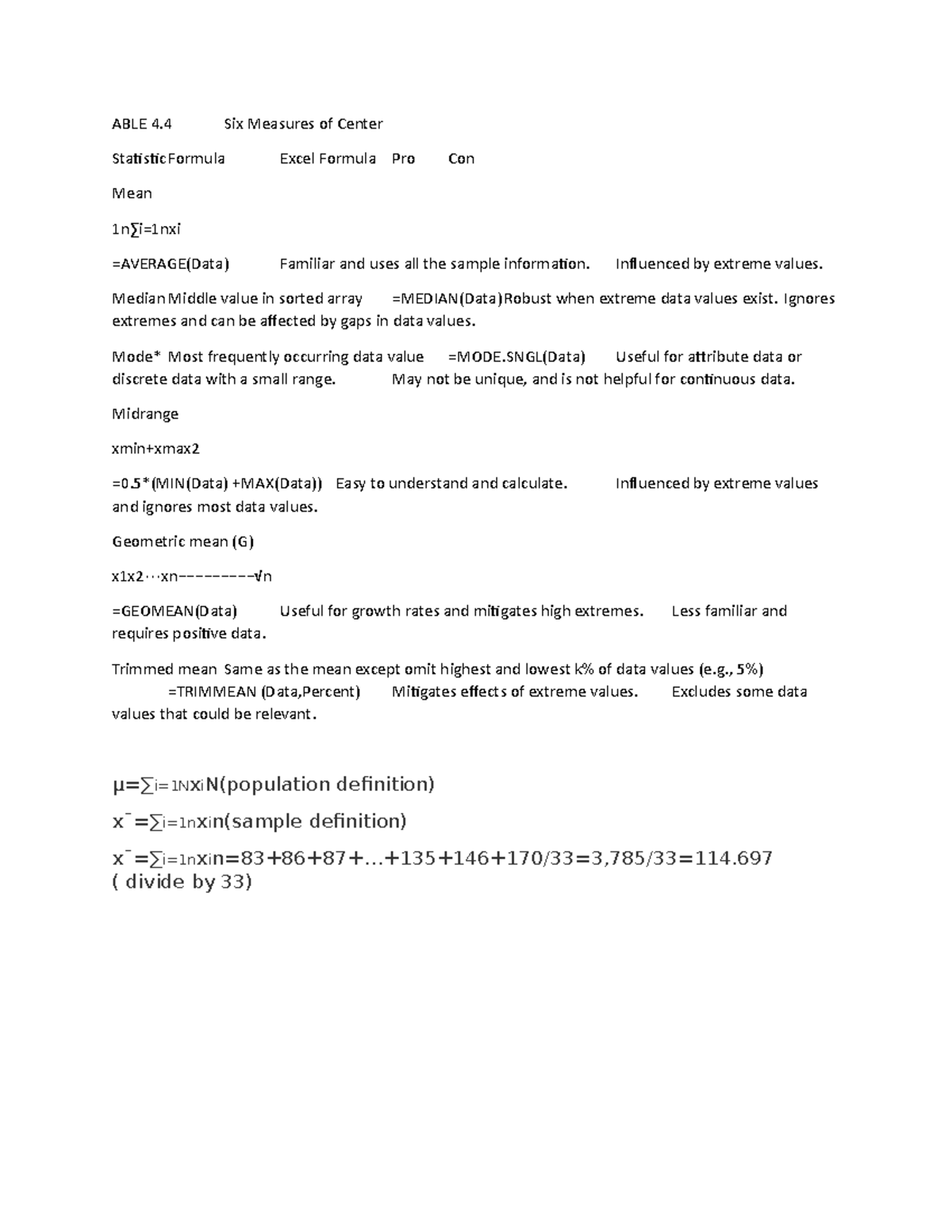 3-1 matt 133 stat notes - ABLE 4 Six Measures of Center ...