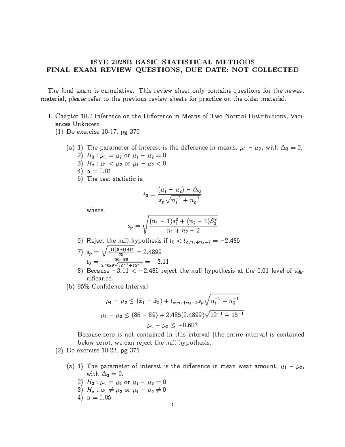 Review - Final Exam Solutions - ISYE 2028B BASIC STATISTICAL METHODS FINAL EXAM REVIEW QUESTIONS ...