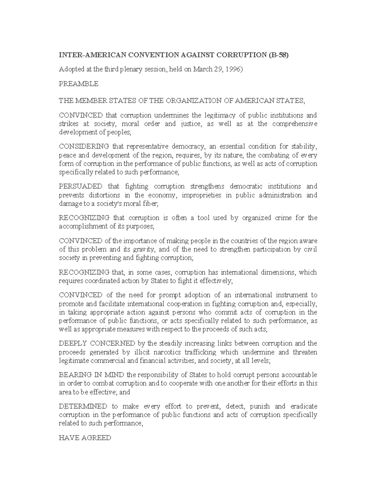 Inter american treaties B-58 against Corruption - INTER-AMERICAN CONVENTION AGAINST CORRUPTION ...