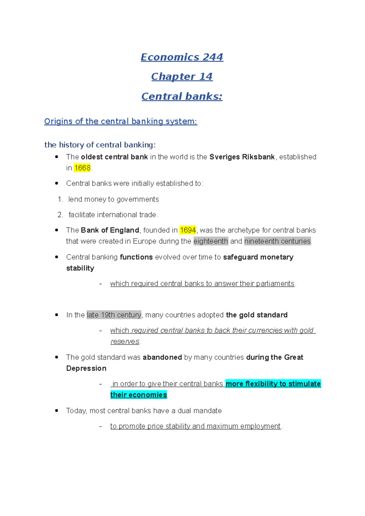Chapter 14 - Monetary Finance - Economics 244 Chapter 14 Central banks ...