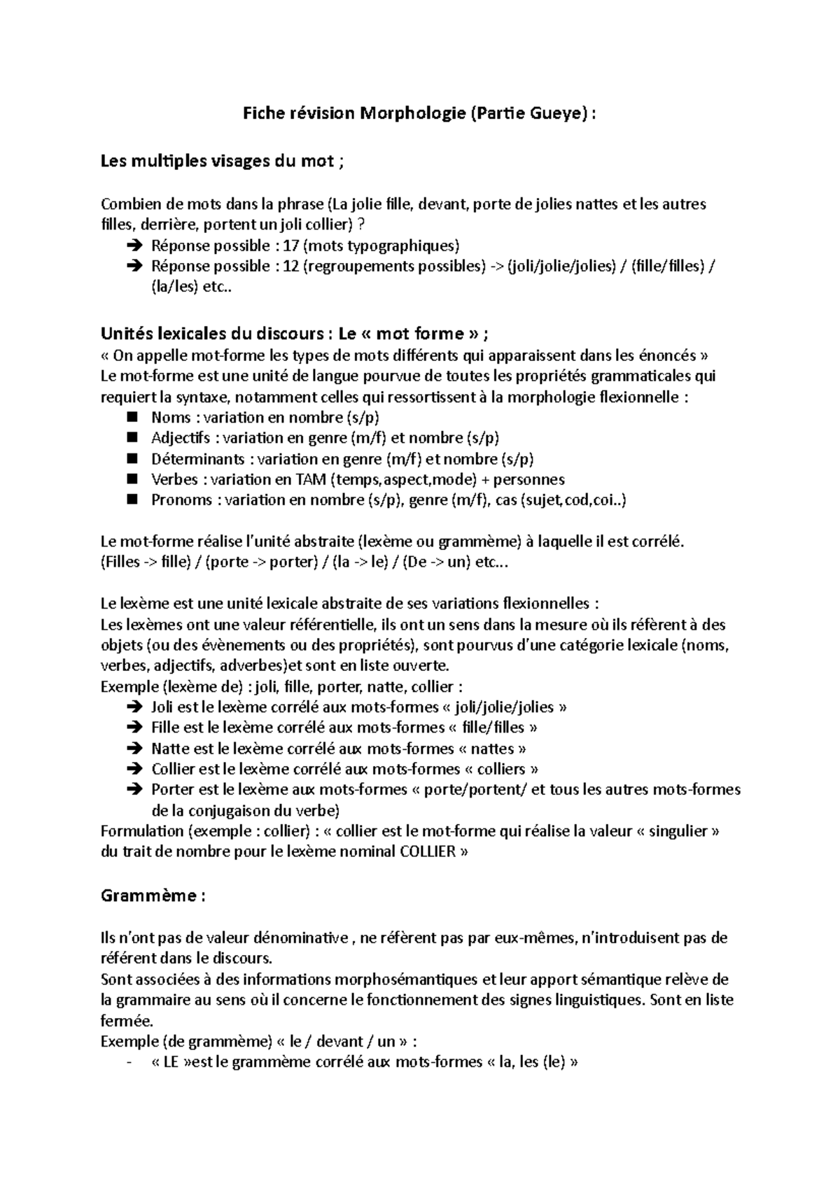 Fiche révision Morphologie et syntaxe 2 - Fiche révision Morphologie ...