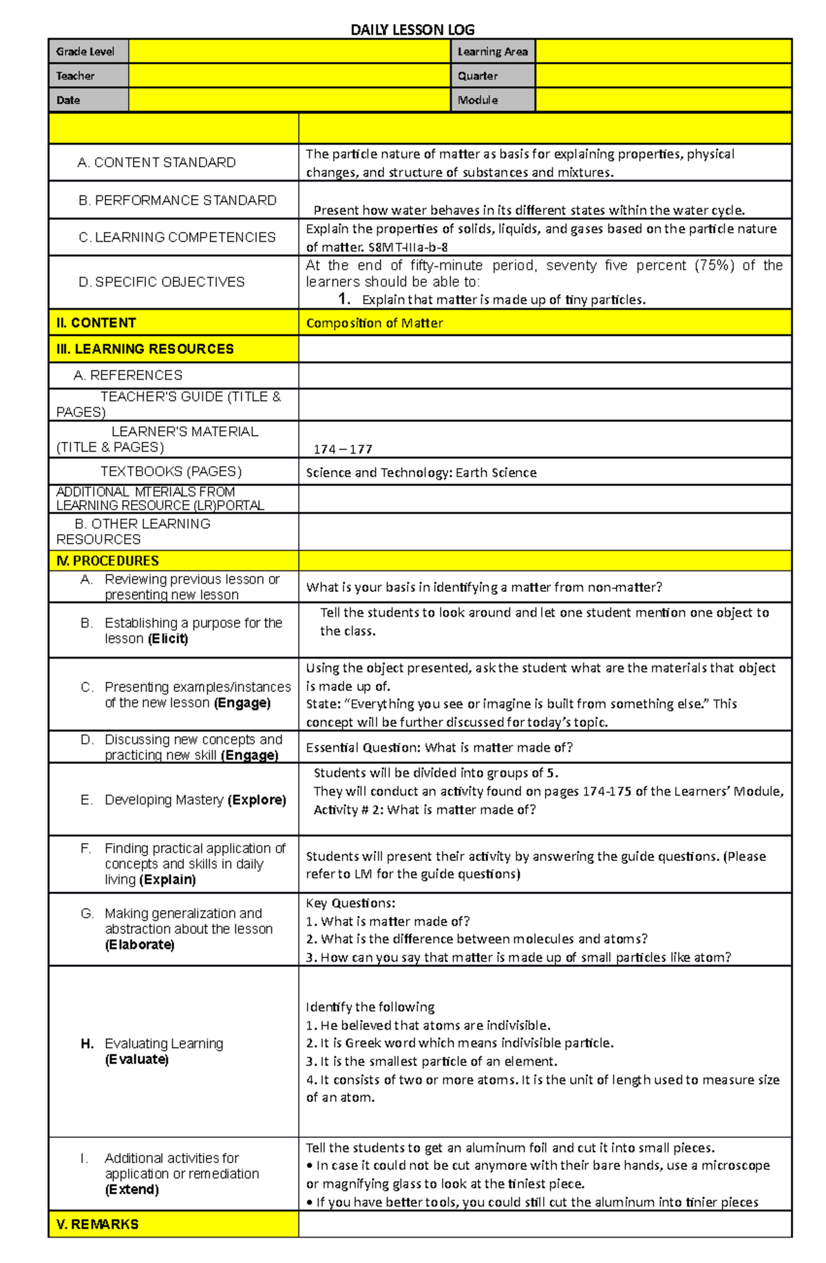 Lesson PLAN - DAILY LESSON LOG Grade Level Learning Area Teacher ...