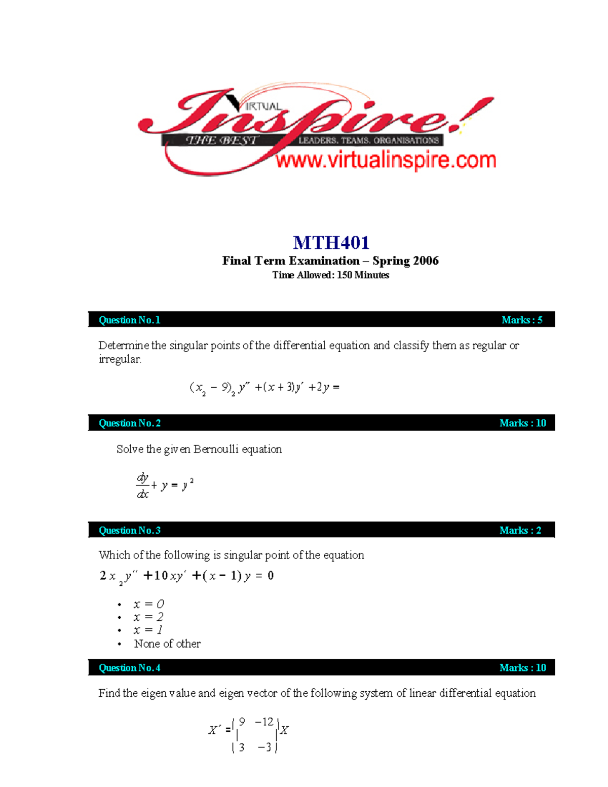 Mth401 Papers-IN ONE FILE - MTH Final Term Examination – Spring 2006 ...