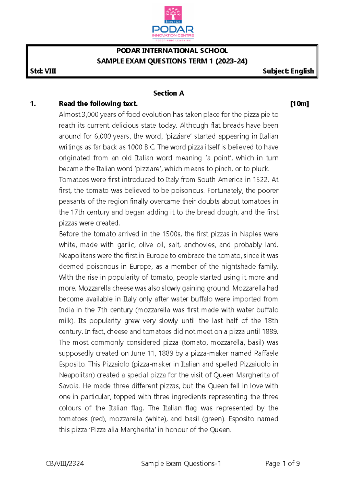 QP CB VIII Eng SEQ1 - PODAR INTERNATIONAL SCHOOL SAMPLE EXAM QUESTIONS ...