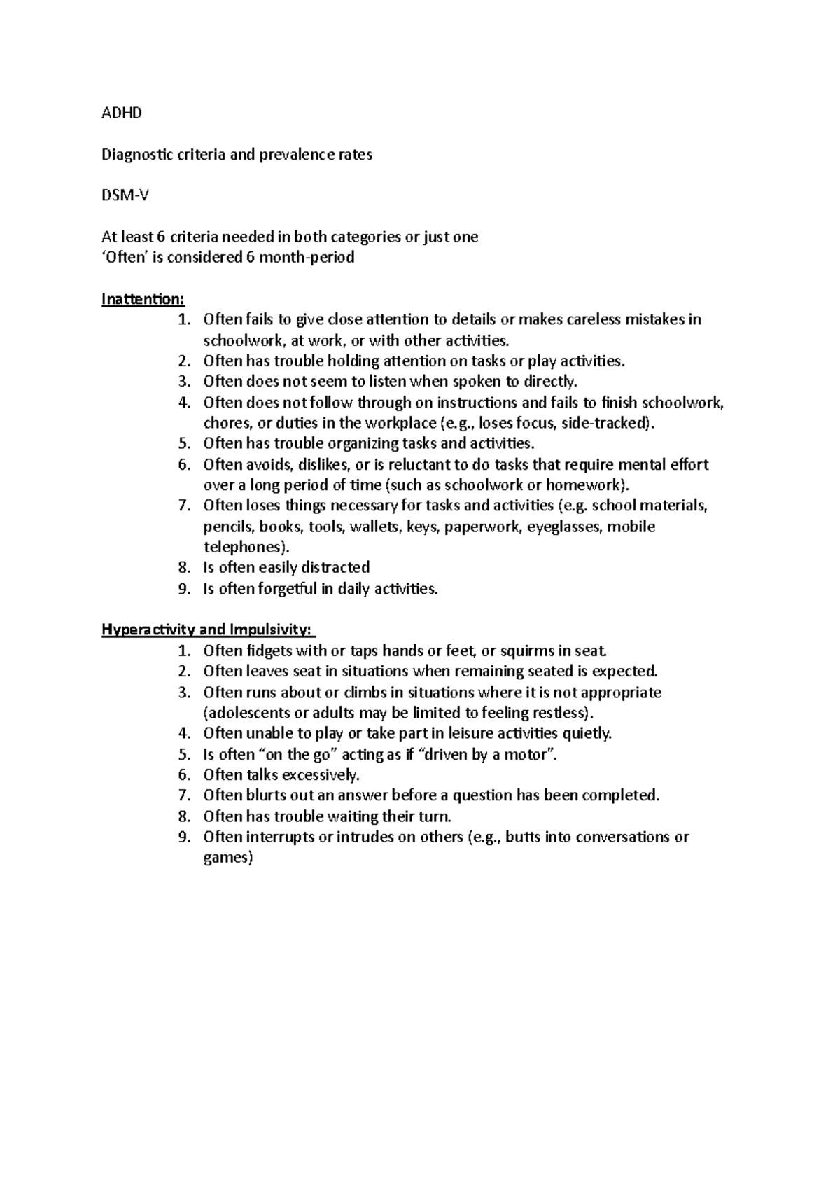 ADHD - Lecture notes on ADHD. - ADHD Diagnostic criteria and prevalence ...