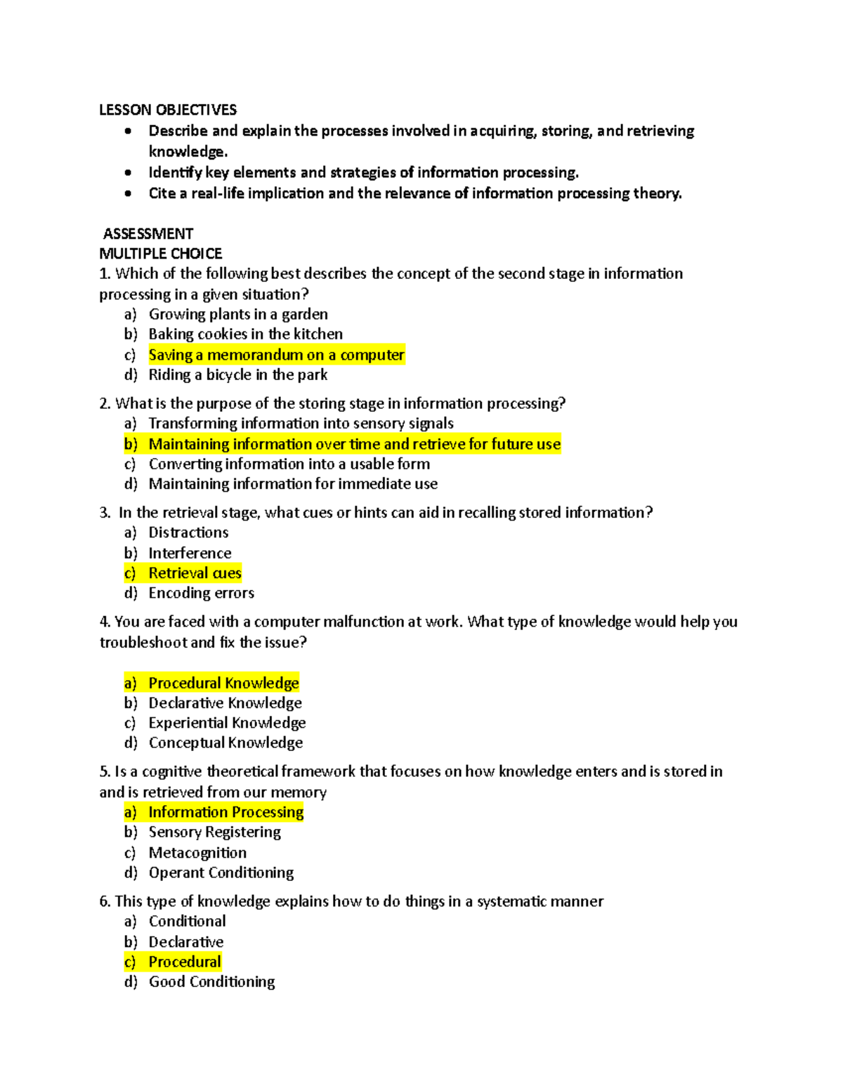 Lesson Objectives & Questionnaire FOR Assessment IN Module 10 - LESSON ...