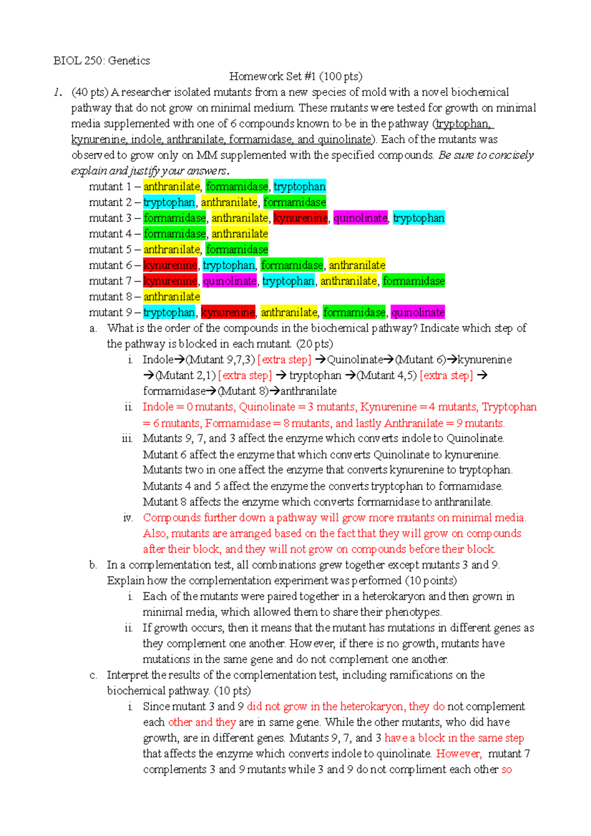 Genetics Homework Set #1 - (40 pts) A researcher isolated mutants from ...